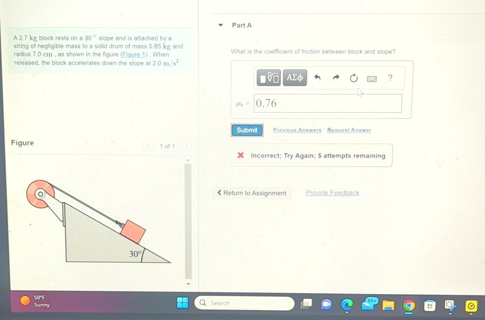 Solved A 2.7 kg block rests on a 30∘ slope and is attached | Chegg.com