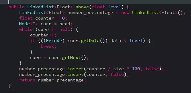 Solved public LinkedList above(float level) { LinkedList | Chegg.com