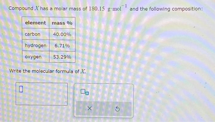 Solved Compound X has a molar mass of 180.15 g⋅mol−1 and the | Chegg.com