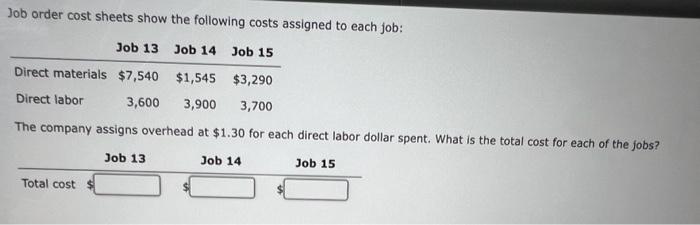 Solved Job order cost sheets show the following costs | Chegg.com