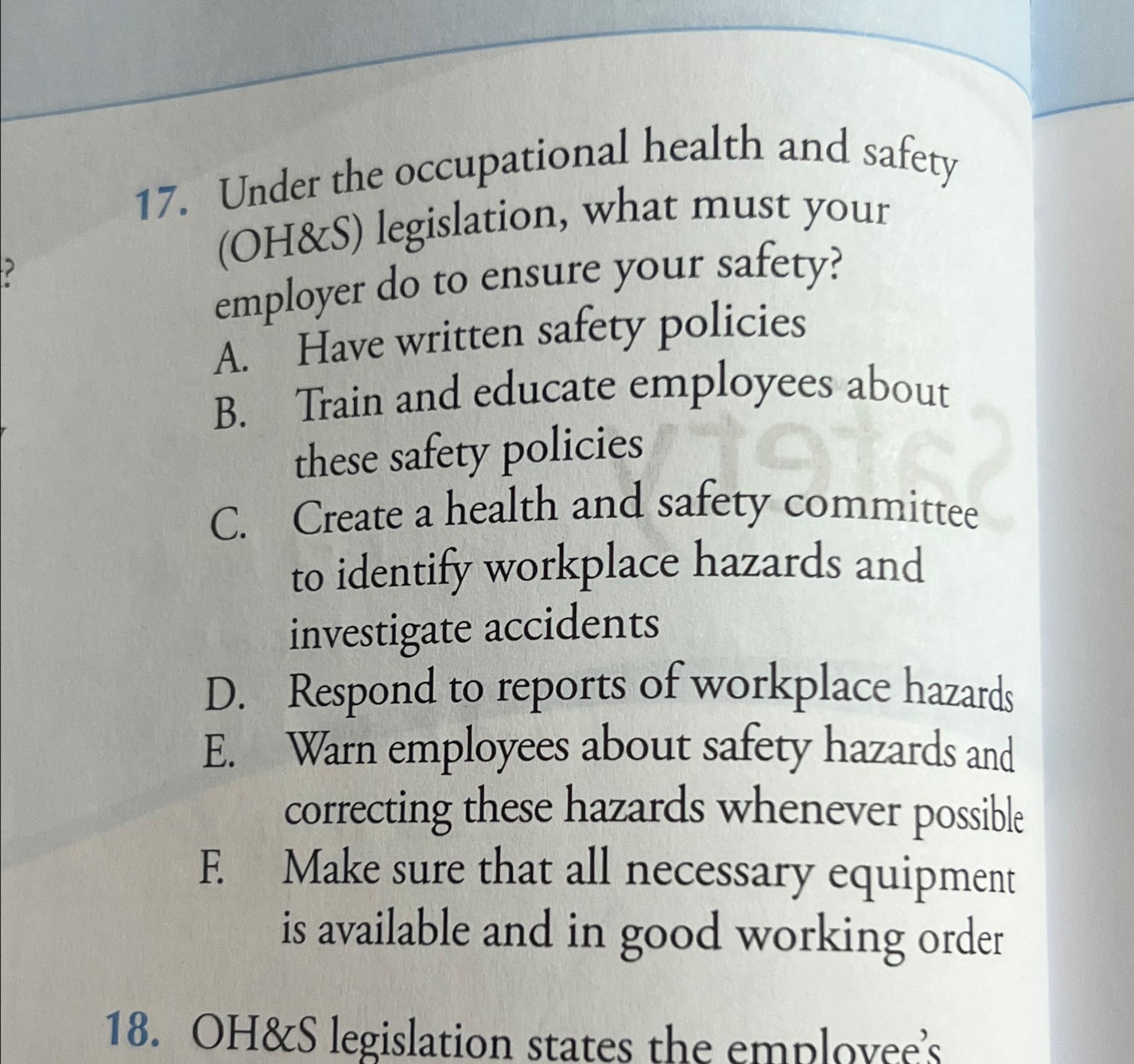 Solved Under the occupational health and safety (OH&S) | Chegg.com