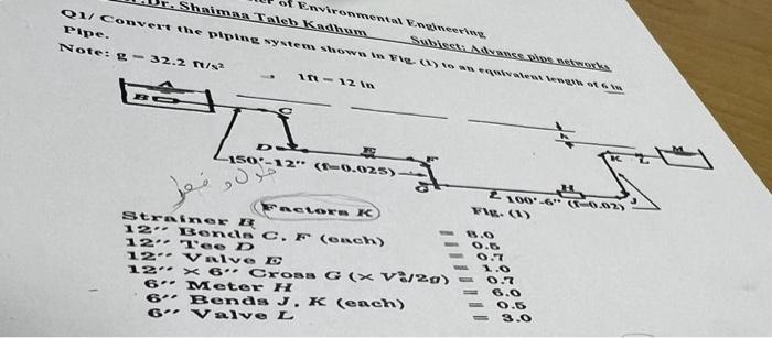 Solved Environmental Engheertivg Pipe. Note: g−32.2n/s2 | Chegg.com