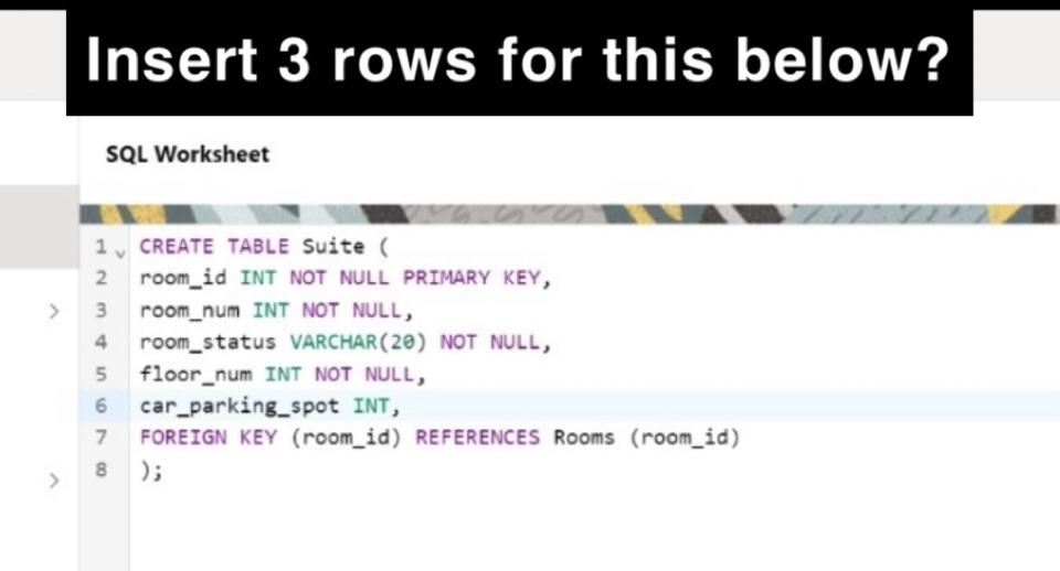Solved Insert 3 ﻿rows for this below?SQL WorksheetCREATE | Chegg.com