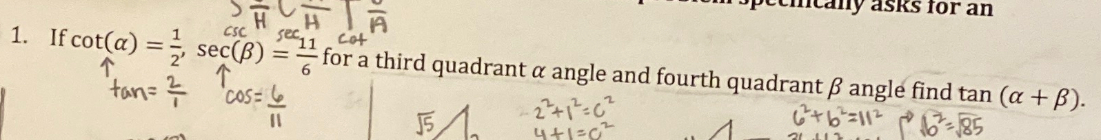 Solved If cot(α)=12,sec(β)=116 ﻿for a third quadrant α | Chegg.com