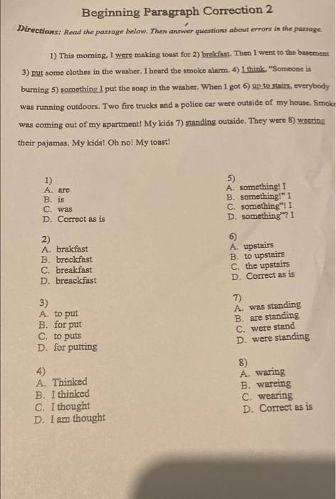 Beginning Paragraph Correction 2 Directions: Read the | Chegg.com