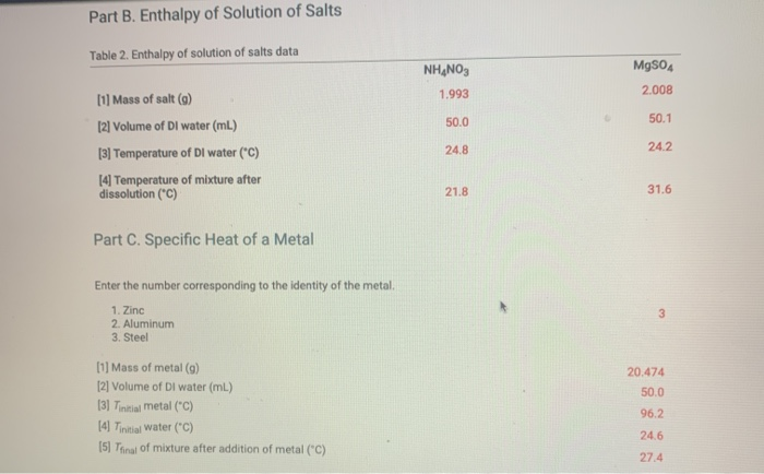 Solved Part B. Enthalpy of Solution of Salts Table 2. | Chegg.com