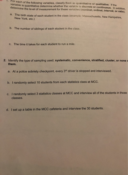 Solved For each of the following variables, classify them as | Chegg.com