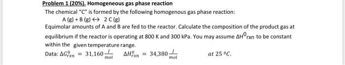 Solved Problem 1 (20%). Homogeneous gas phase reaction The | Chegg.com