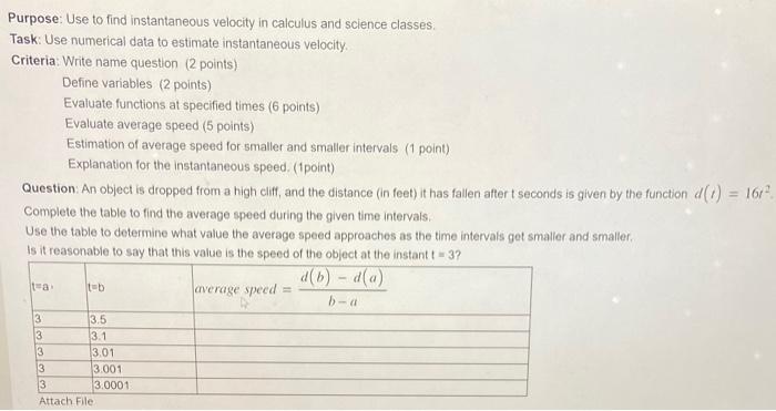 Solved Purpose: Use to find instantaneous velocity in | Chegg.com
