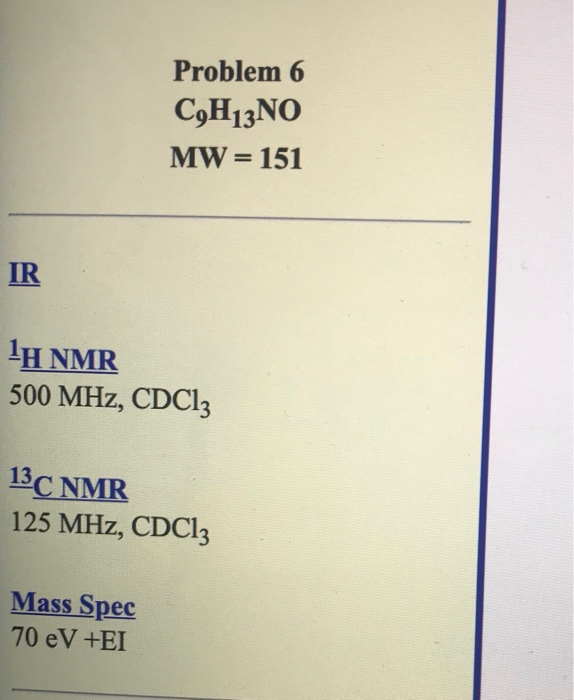 Solved Problem 6 C9H13NO MW= 151 IR 'H NMR 500 MHz, CDC13 | Chegg.com
