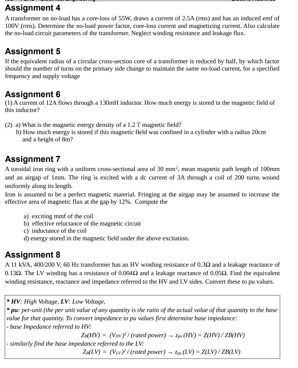 Assignment 4A transformer on no-load has a core-loss | Chegg.com