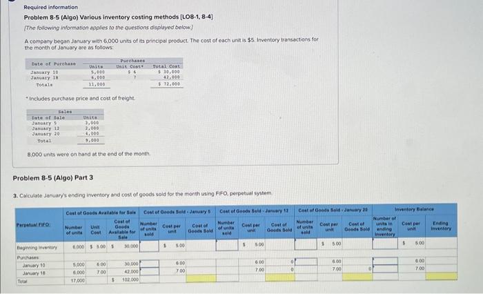Solved Required information Problem 8-5 (Algo) Various | Chegg.com