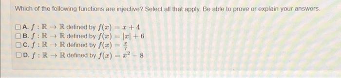 Solved Which of the following functions are injective? | Chegg.com