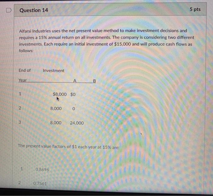 Solved Question 14 5 pts Alfarsi Industries uses the net | Chegg.com