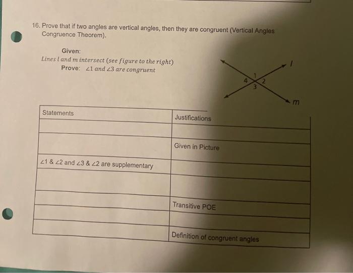 Solved 16. Prove that if two angles are vertical angles, | Chegg.com