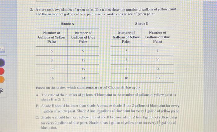 Solved 2. A store sells two shades of green paint. The | Chegg.com