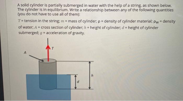Solved A solid cylinder is partially submerged in water with | Chegg.com