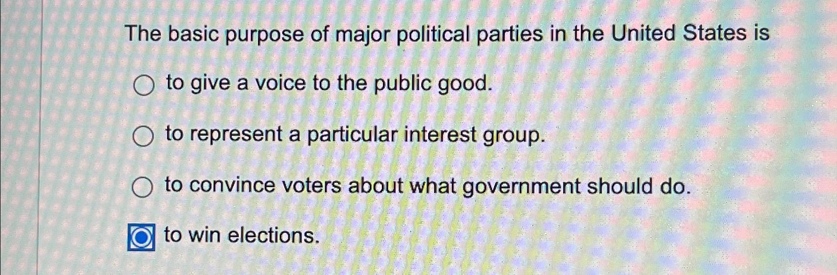 Solved The basic purpose of major political parties in the | Chegg.com