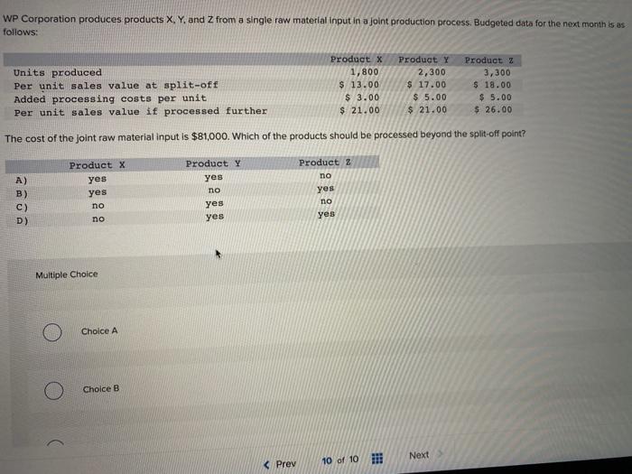 Solved WP Corporation produces products X, Y. and Z from a | Chegg.com