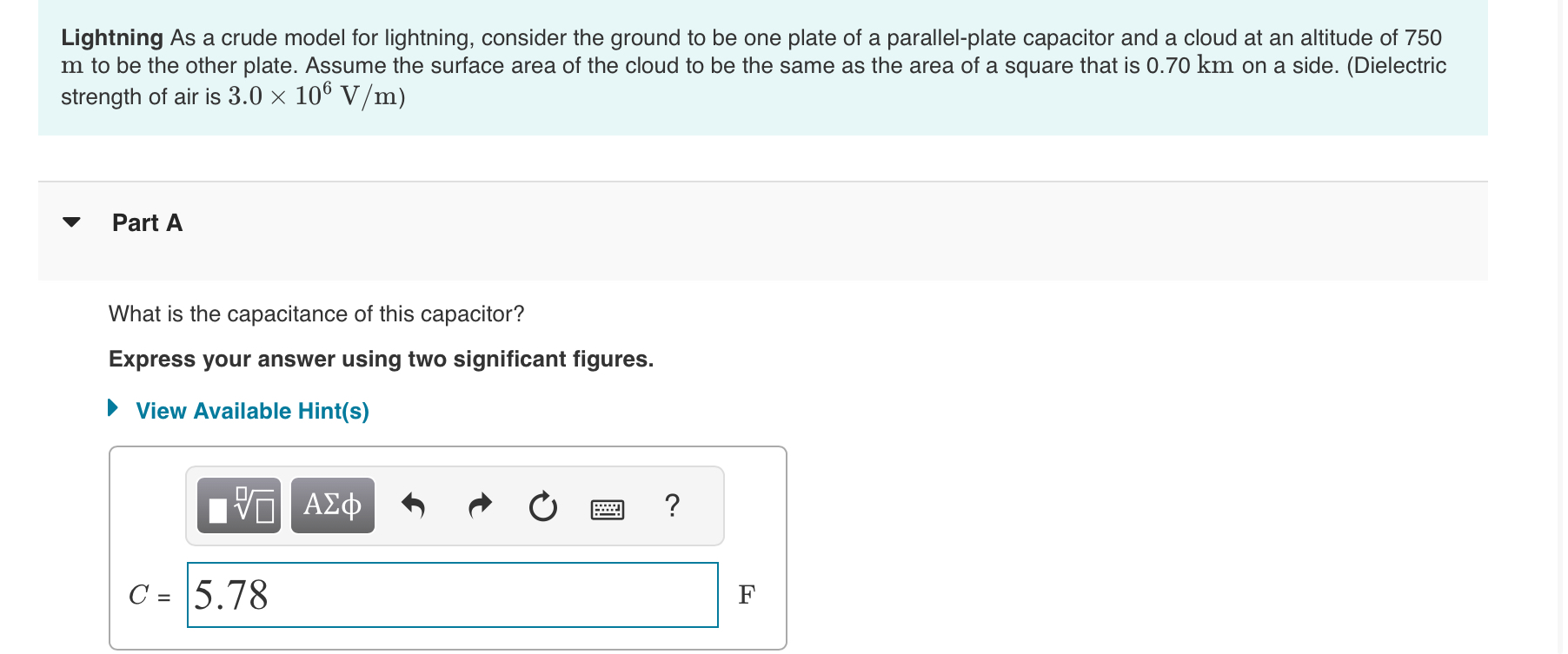 Solved Lightning As a crude model for lightning, consider | Chegg.com