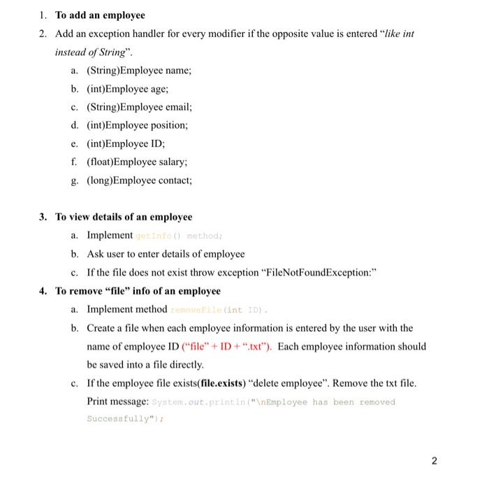 Solved 1. To add an employee 2. Add an exception handler for | Chegg.com