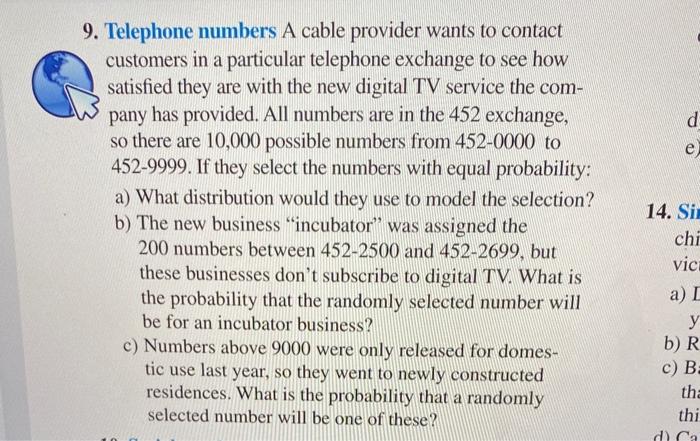 Solved d е) 9. Telephone numbers A cable provider wants to | Chegg.com