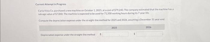Solved Current Attempt in Progress Carla Vista Co. purchased | Chegg.com