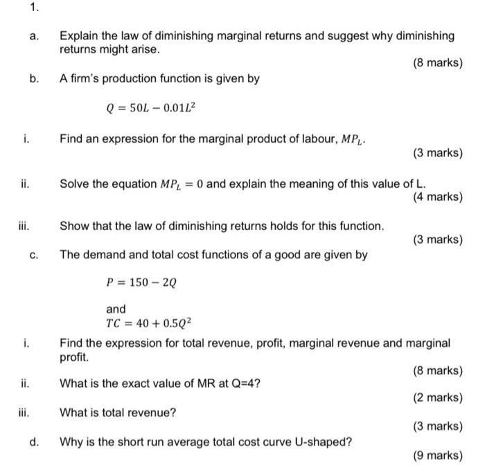 Solved 1. a. Explain the law of diminishing marginal returns | Chegg.com