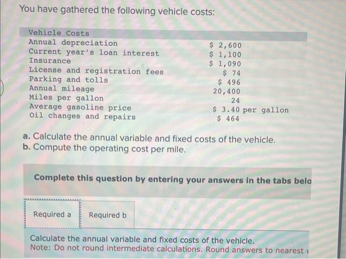 [Solved]: You have gathered the following vehicle costs: a.