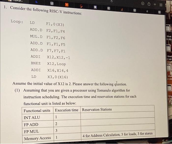 Solved > 3 © + % 1. Consider the following RISC-V | Chegg.com