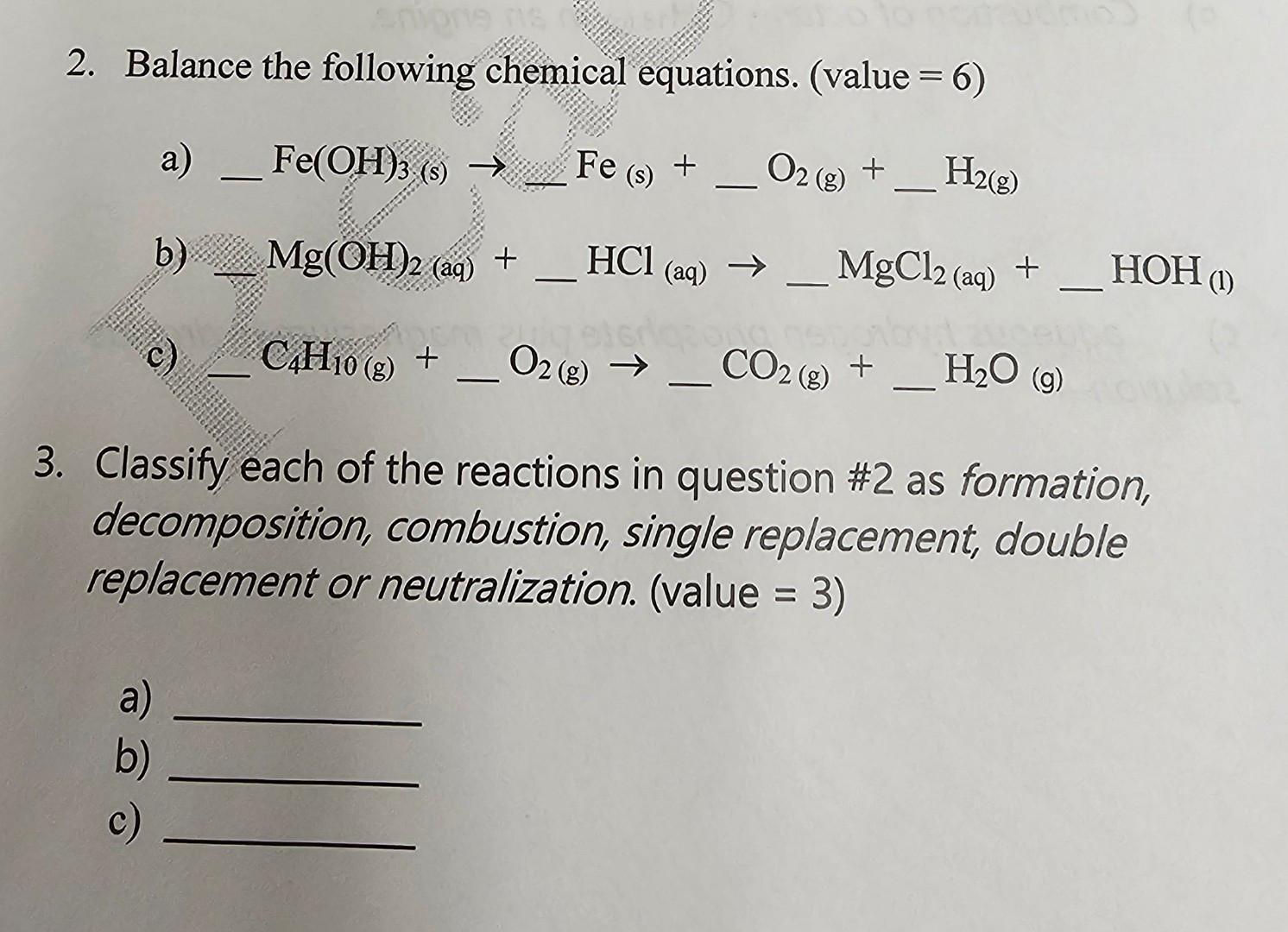Solved 2. Balance the following chemical equations. ( value | Chegg.com