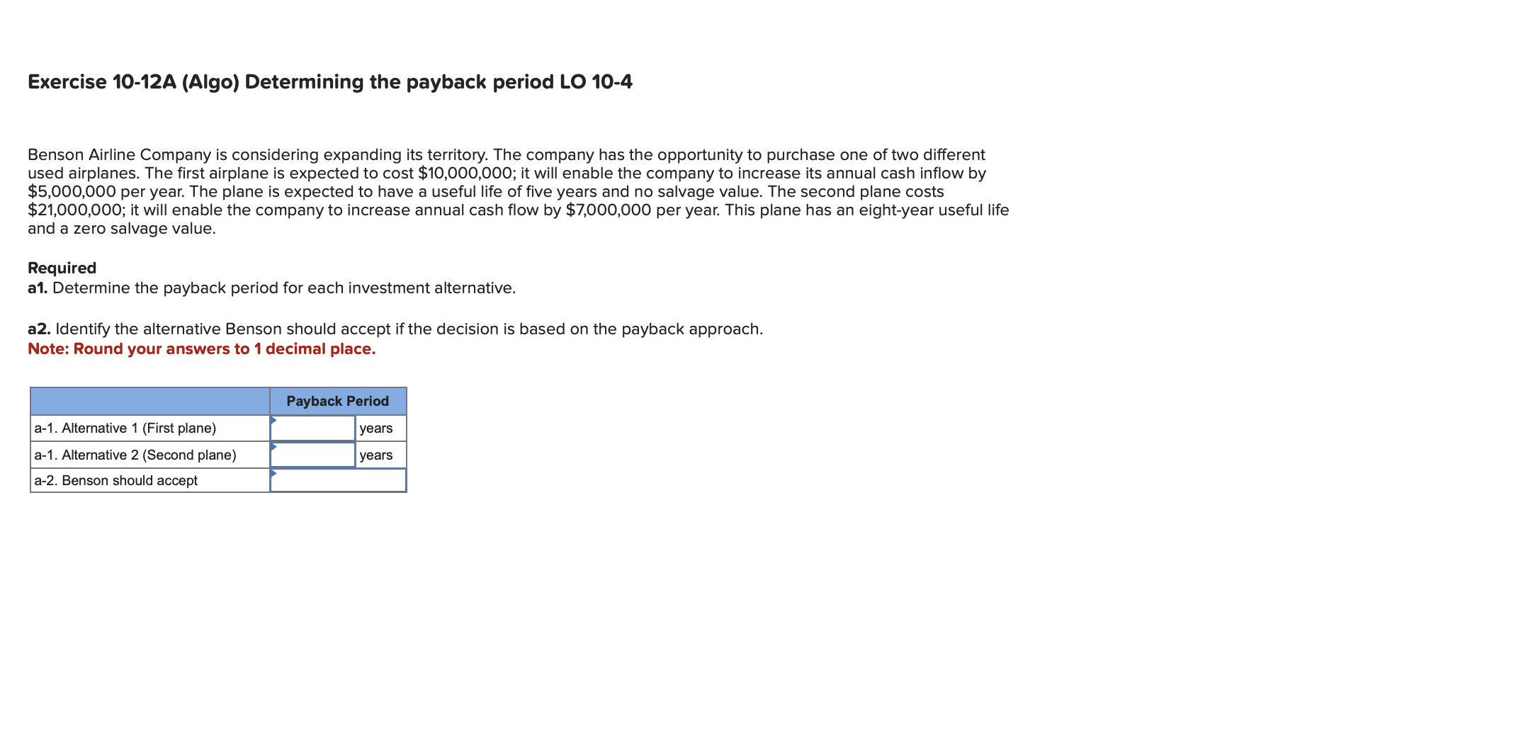 Solved Exercise 10-12A (Algo) ﻿Determining the payback | Chegg.com