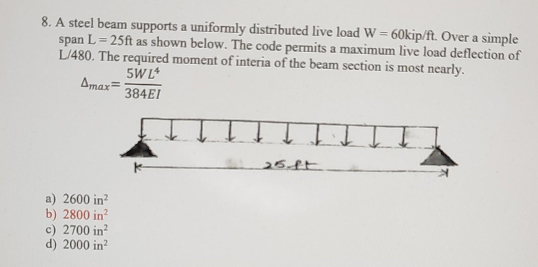 Solved 8. A steel beam supports a uniformly distributed live | Chegg.com