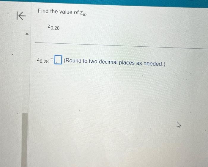 Solved Find the value of zα. z0.28 z0.28= (Round to two | Chegg.com