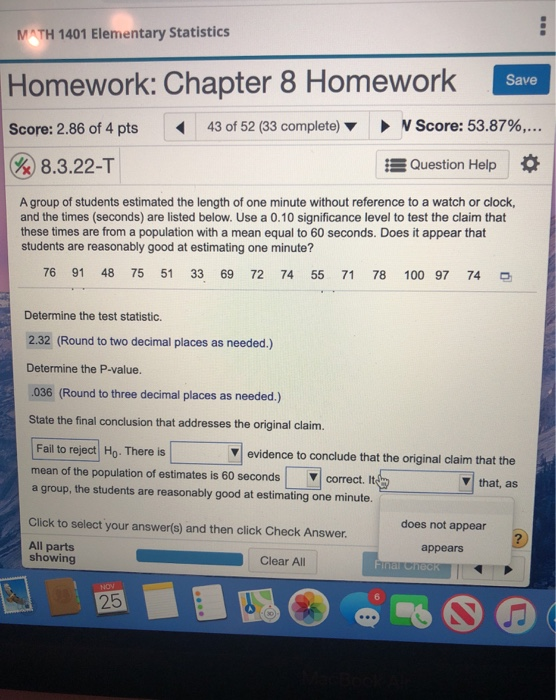 Solved MATH 1401 Elementary Statistics Homework: Chapter 8 | Chegg.com