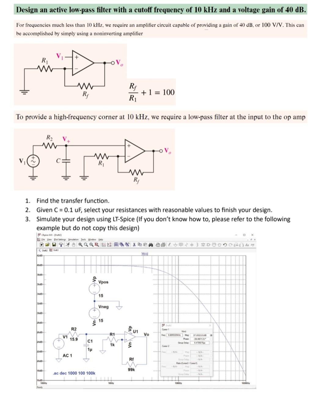 Solved Design an active low-pass filter with a cutoff | Chegg.com