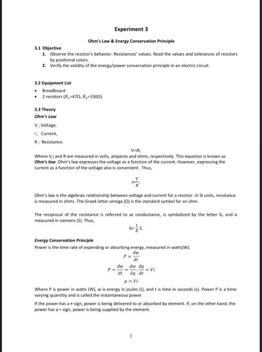 Solved Experiment 3 Ohms Law & Energy Conservation Principle | Chegg.com