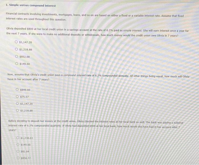Solved 1. Simple versus compound interest Financial | Chegg.com