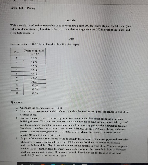 Solved Virtual Lab 1: Pacing Procedure Walk a steady, | Chegg.com