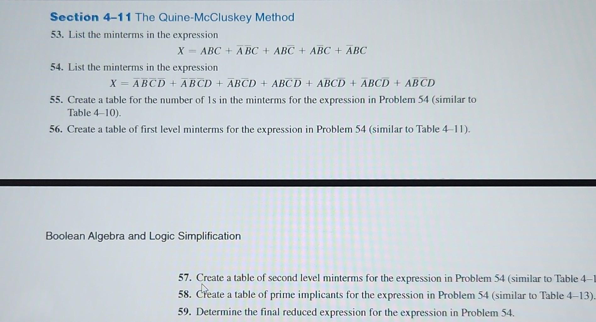 Solved Section 4-11 The Quine-McCluskey Method 53. List the | Chegg.com