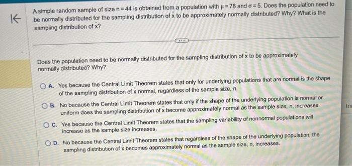 Solved A simple random sample of size n=44 is obtained from | Chegg.com