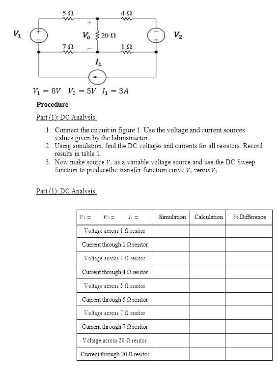 V1=8VV2=5VI1=3 A Procedure Part (1): DC Analysis. 1. | Chegg.com