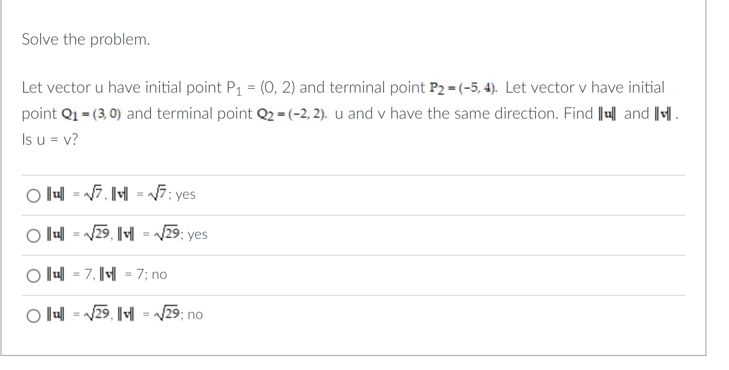 Solved Solve the problem.Let vector u ﻿have initial point | Chegg.com