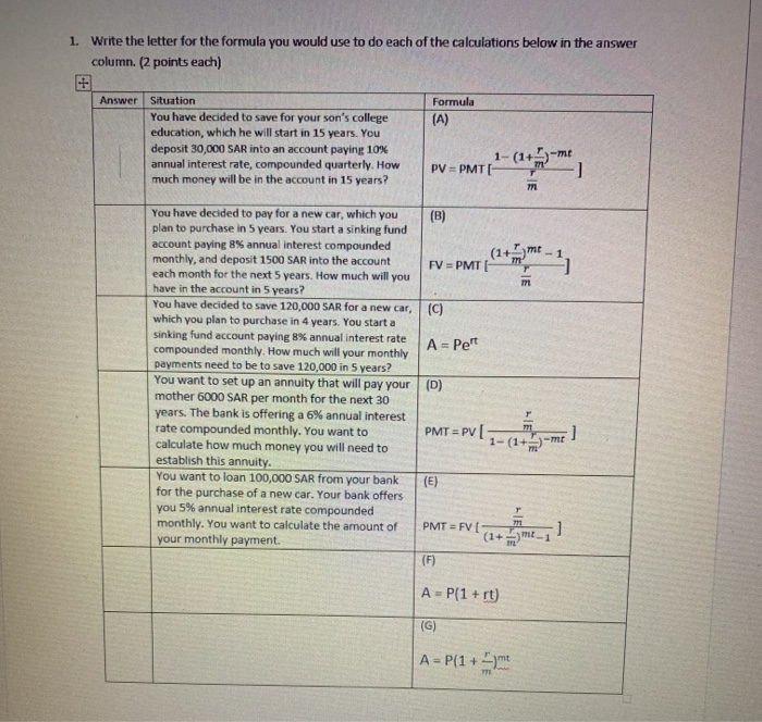 Solved 1. Write the letter for the formula you would use to | Chegg.com