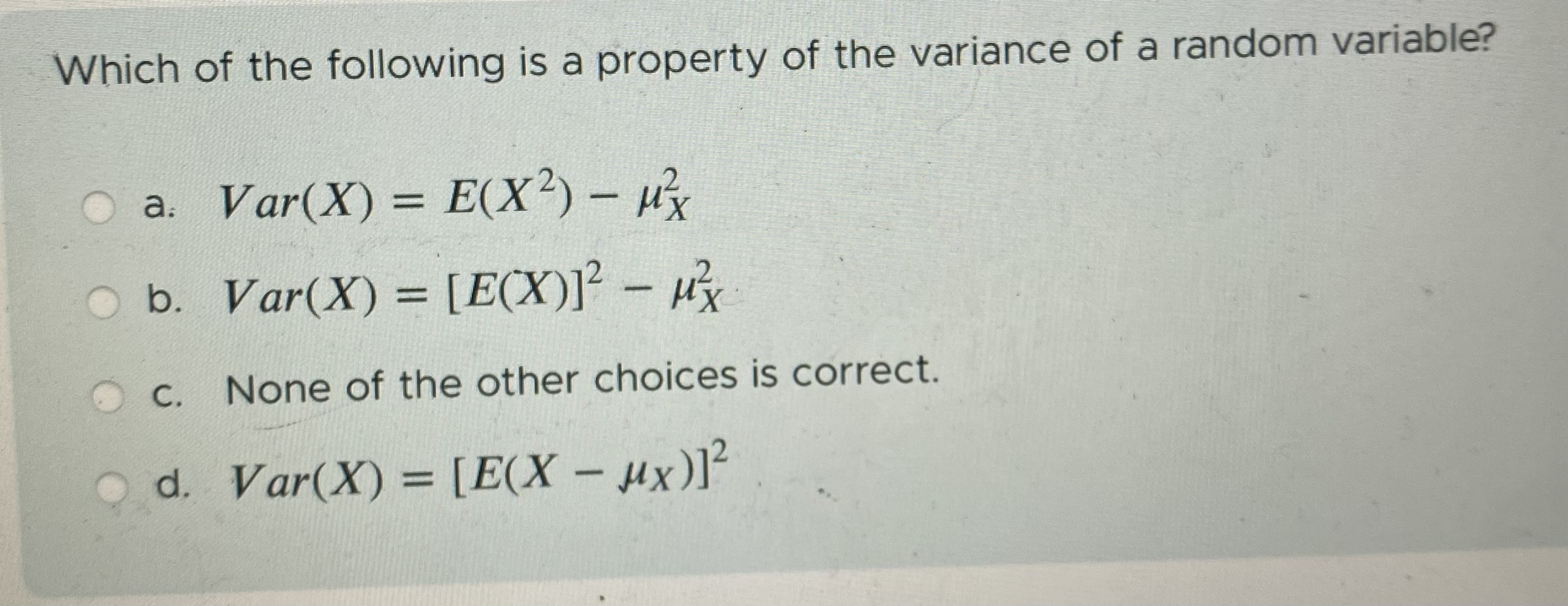 Solved Which of the following is a property of the variance | Chegg.com