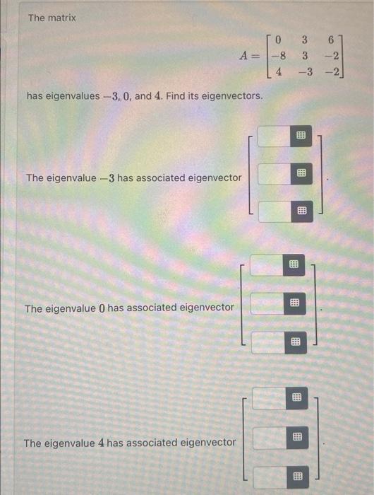 Solved The matrix A=⎣⎡0−8433−36−2−2⎦⎤ has eigenvalues −3,0, | Chegg.com