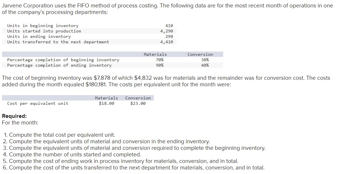 Solved Jarvene Corporation uses the FIFO method of process | Chegg.com