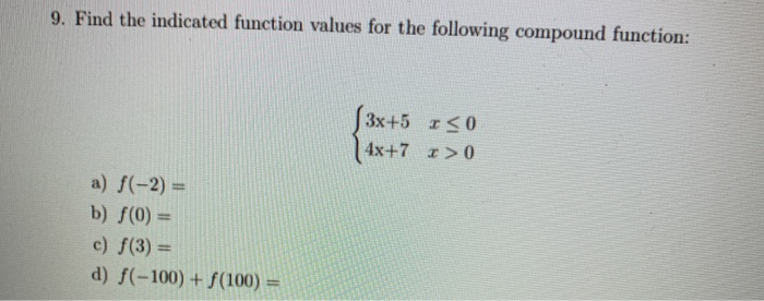 Solved 9. Find the indicated function values for the | Chegg.com