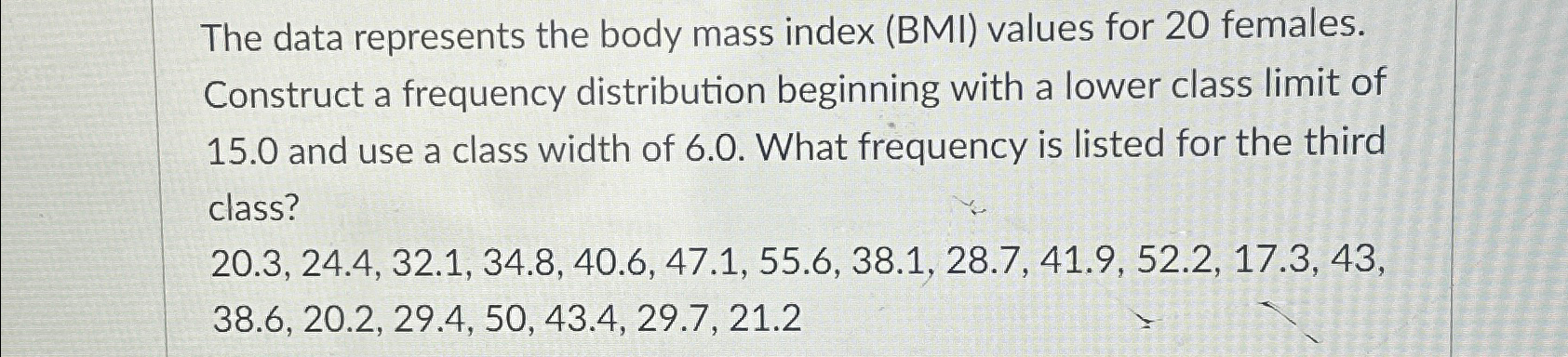 Solved The data represents the body mass index (BMI) ﻿values | Chegg.com