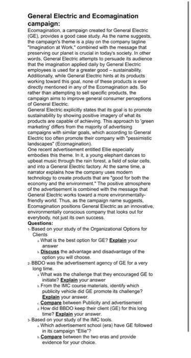 Solved General Electric and Ecomagination campaign: | Chegg.com